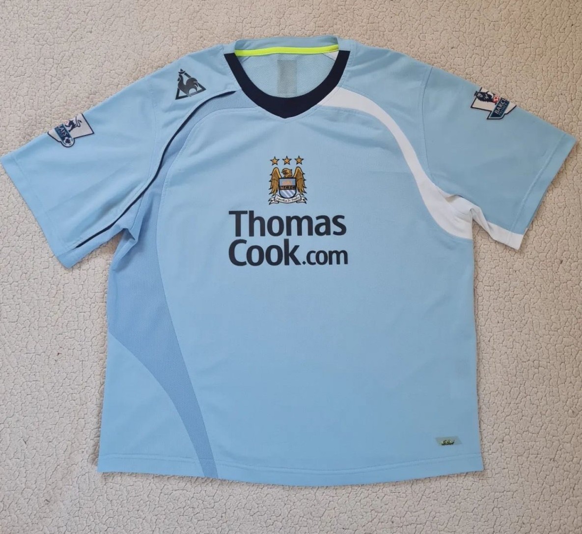 Manchester City Home football shirt 2008 - 2009. Sponsored by Thomas Cook