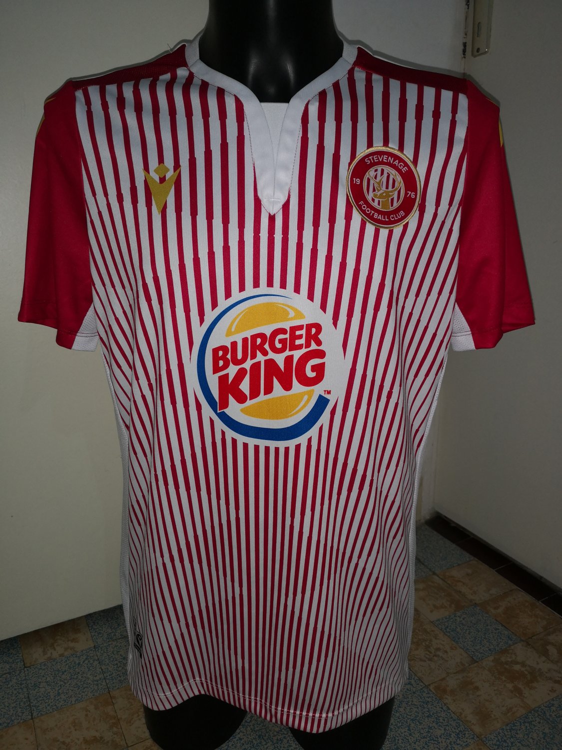 Stevenage FC Home football shirt 2019 - 2020. Sponsored by Burger King